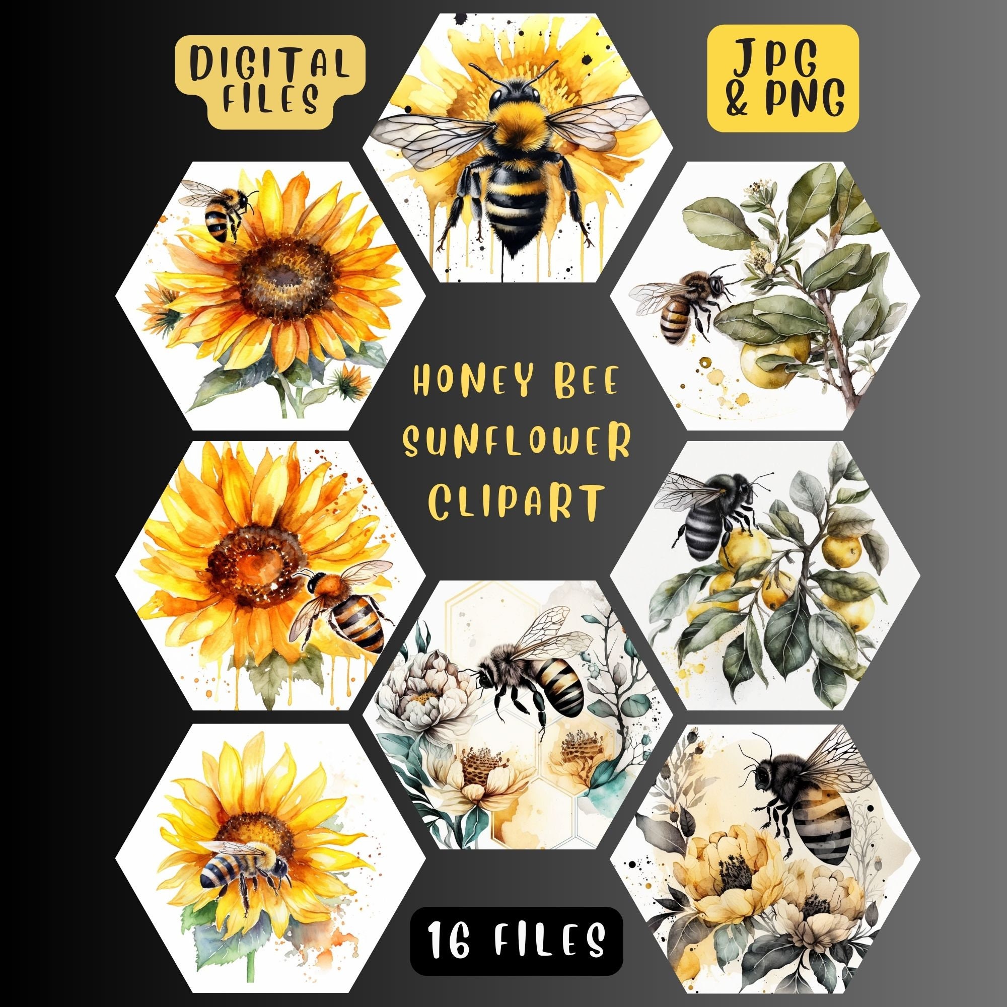 Watercolor Bee Sunflower Clipart PNG 16 Honey Bee Designs - Etsy