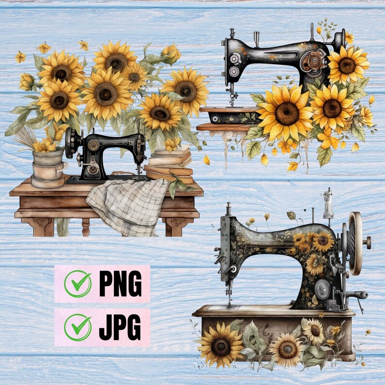Sunflower Vintage Sewing Machine Clipart PNG Watercolor Floral PNG ...