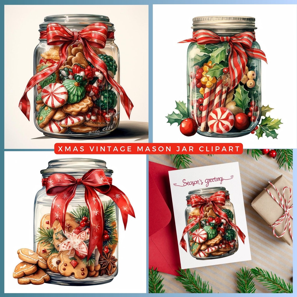 32 Christmas Mason Jar Bundle PNG Vintage Christmas Clipart - Etsy
