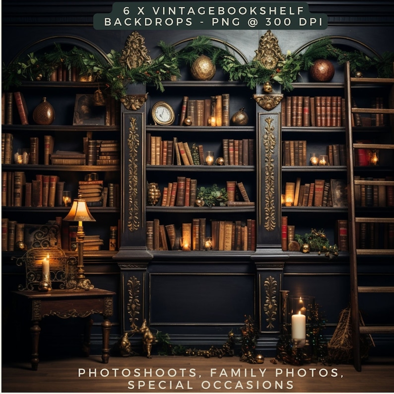 Vintage Bookshelf Backdrops Digital Library Backdrops PNG 6 - Etsy