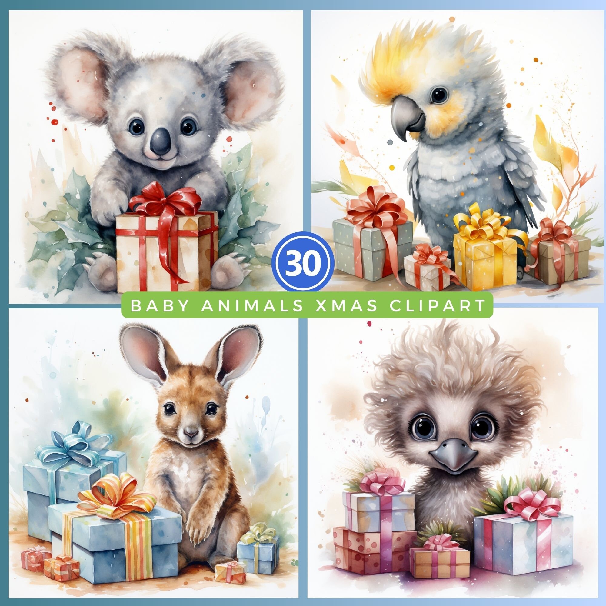 Christmas Clipart Bundle Baby Xmas Animals Watercolor 30 Baby Animal ...