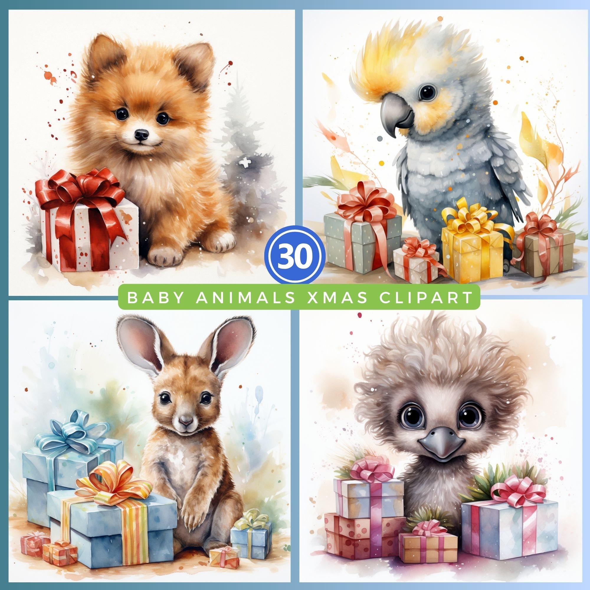 Christmas Clipart Bundle Baby Xmas Animals Watercolor 30 Baby Animal ...