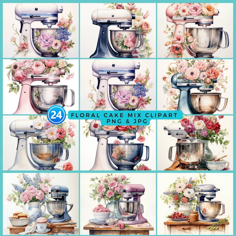 24 Vintage Kitchen Mixer and Flower Watercolor Bundle Kitchen Digital ...