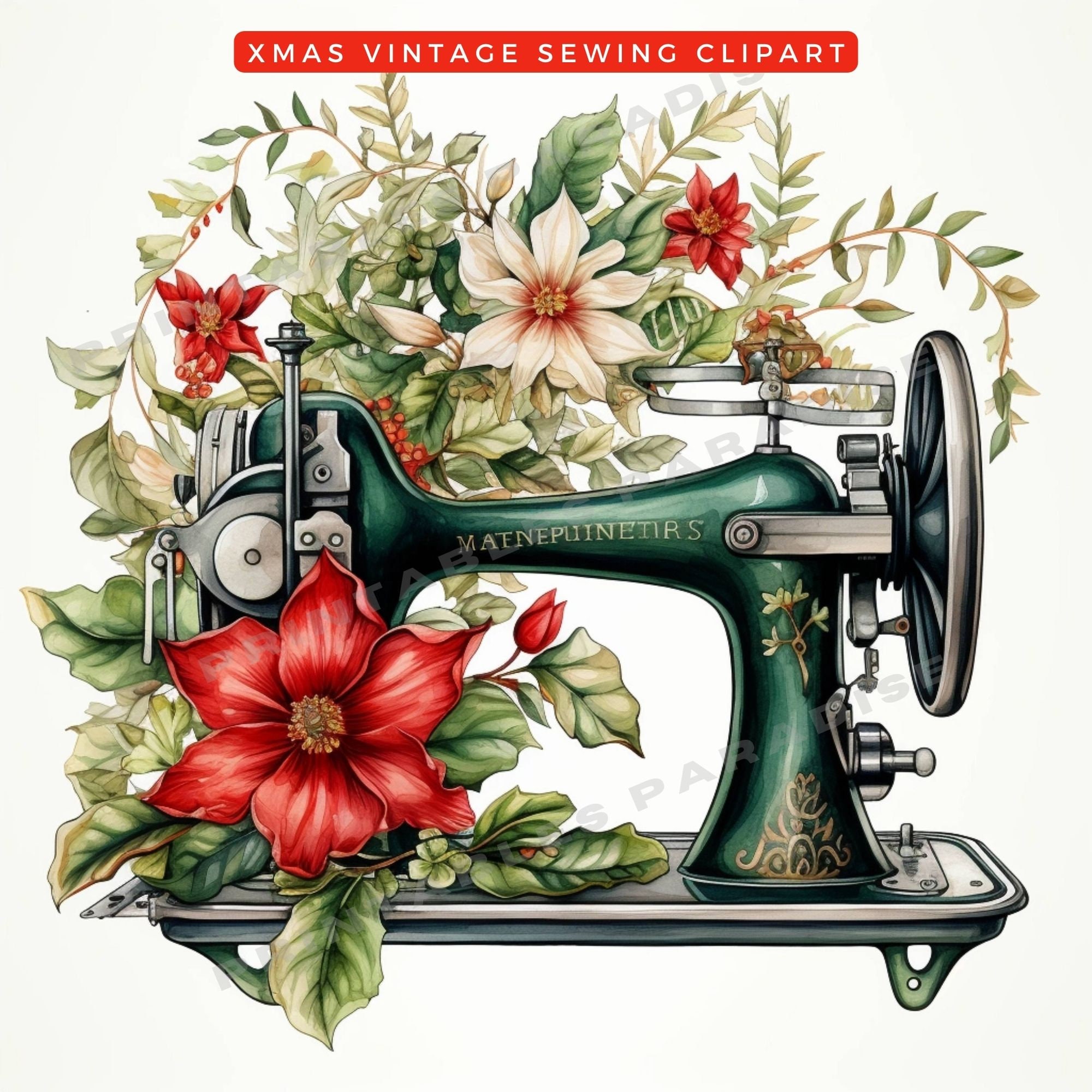 Watercolor Christmas Floral Sewing Machine Clipart Instant Download ...