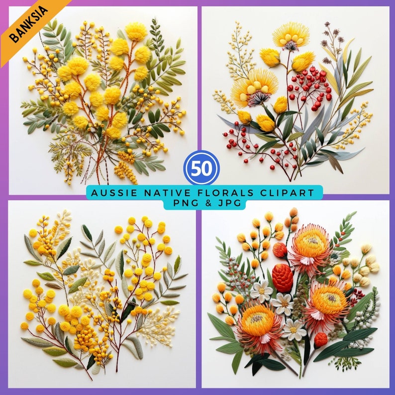 3D Native Floral Embroidery Clipart BUNDLE 50 Flowers Native Australian ...
