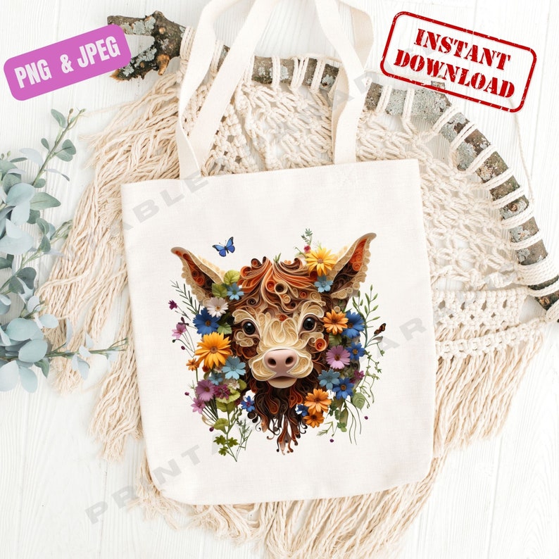 Highland Cow PNG Floral Quilled Paper Instant Download Nursery Clipart ...