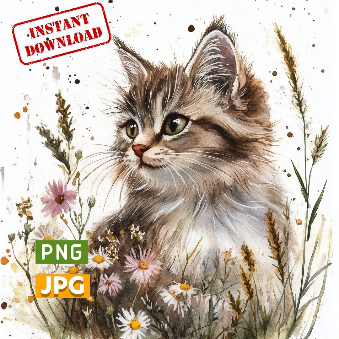 Watercolor Floral Kittens PNG 1 Dollar Deal Kitten Clipart for ...