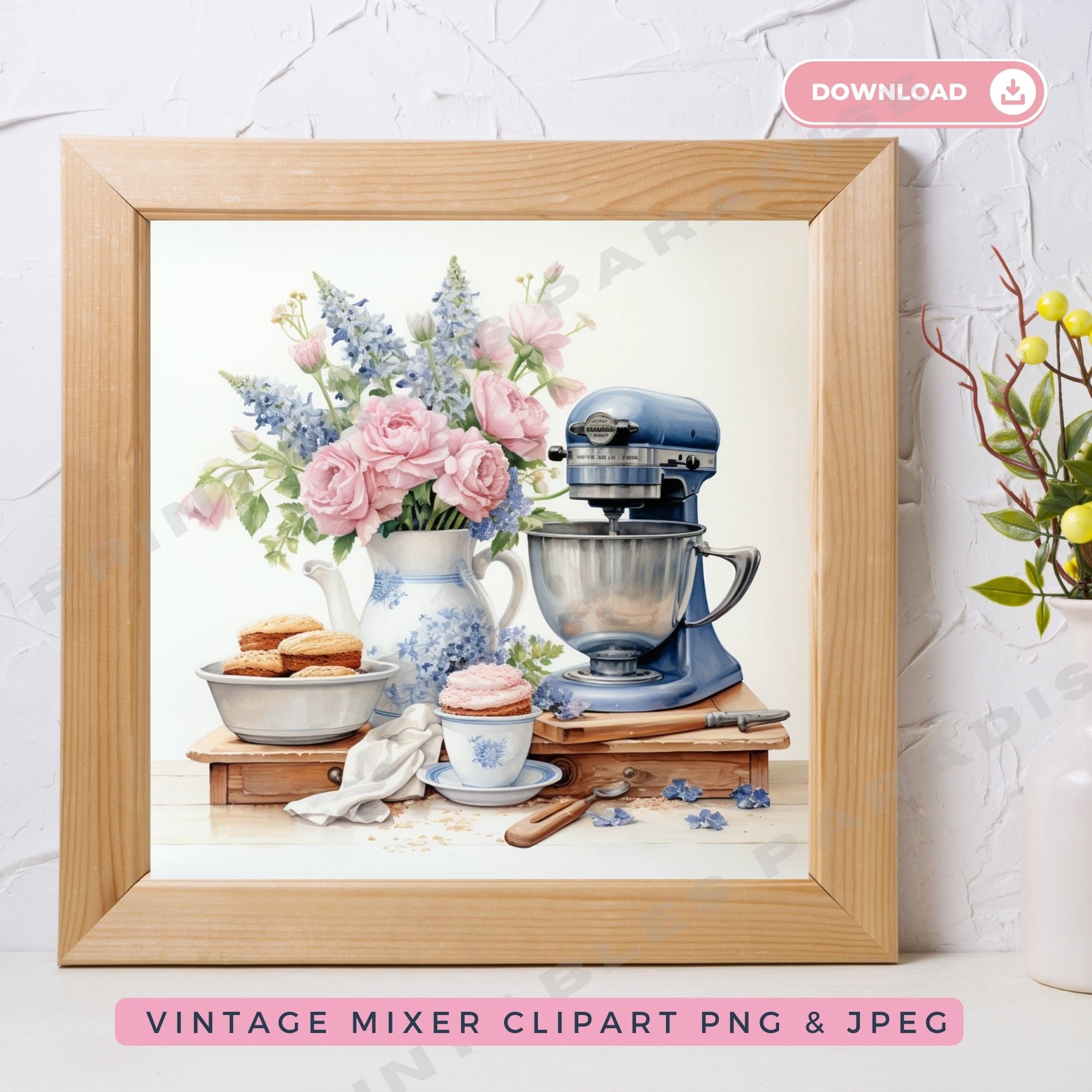 24 Vintage Kitchen Mixer and Flower Watercolor Bundle Kitchen Digital ...