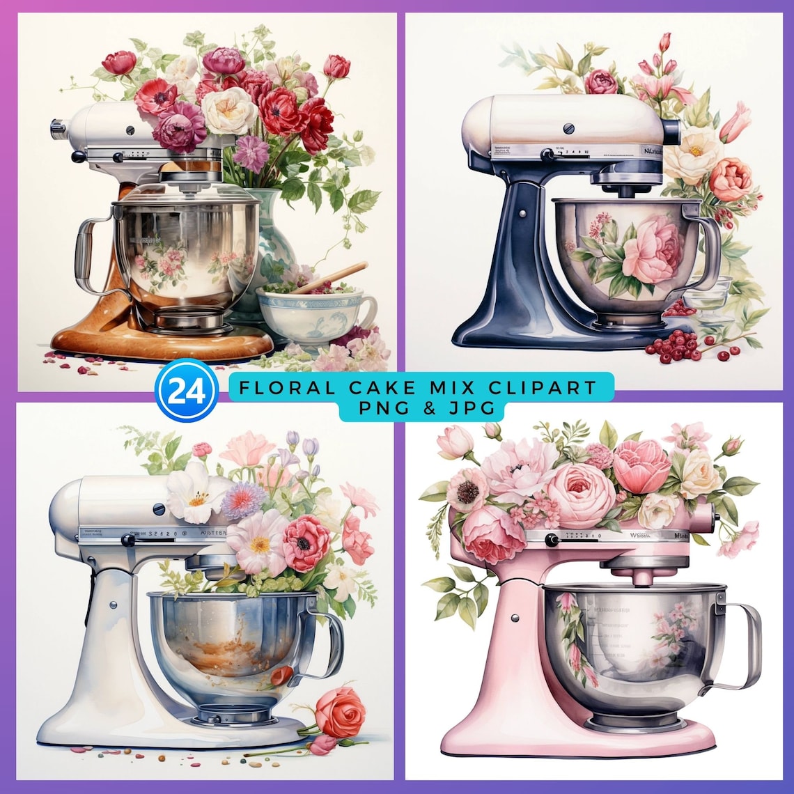 24 Vintage Kitchen Mixer and Flower Watercolor Bundle Kitchen Digital ...