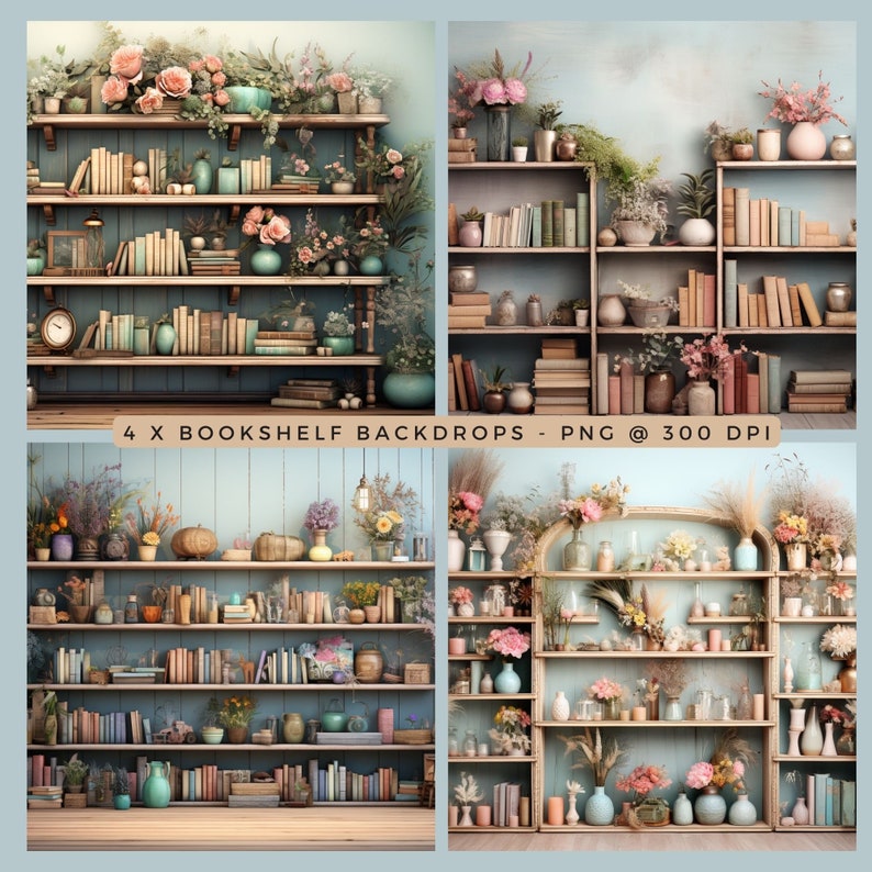 Blue Boho Bookshelf Backdrops PNG 6 Photoshoot Backdrops Birthday Back ...