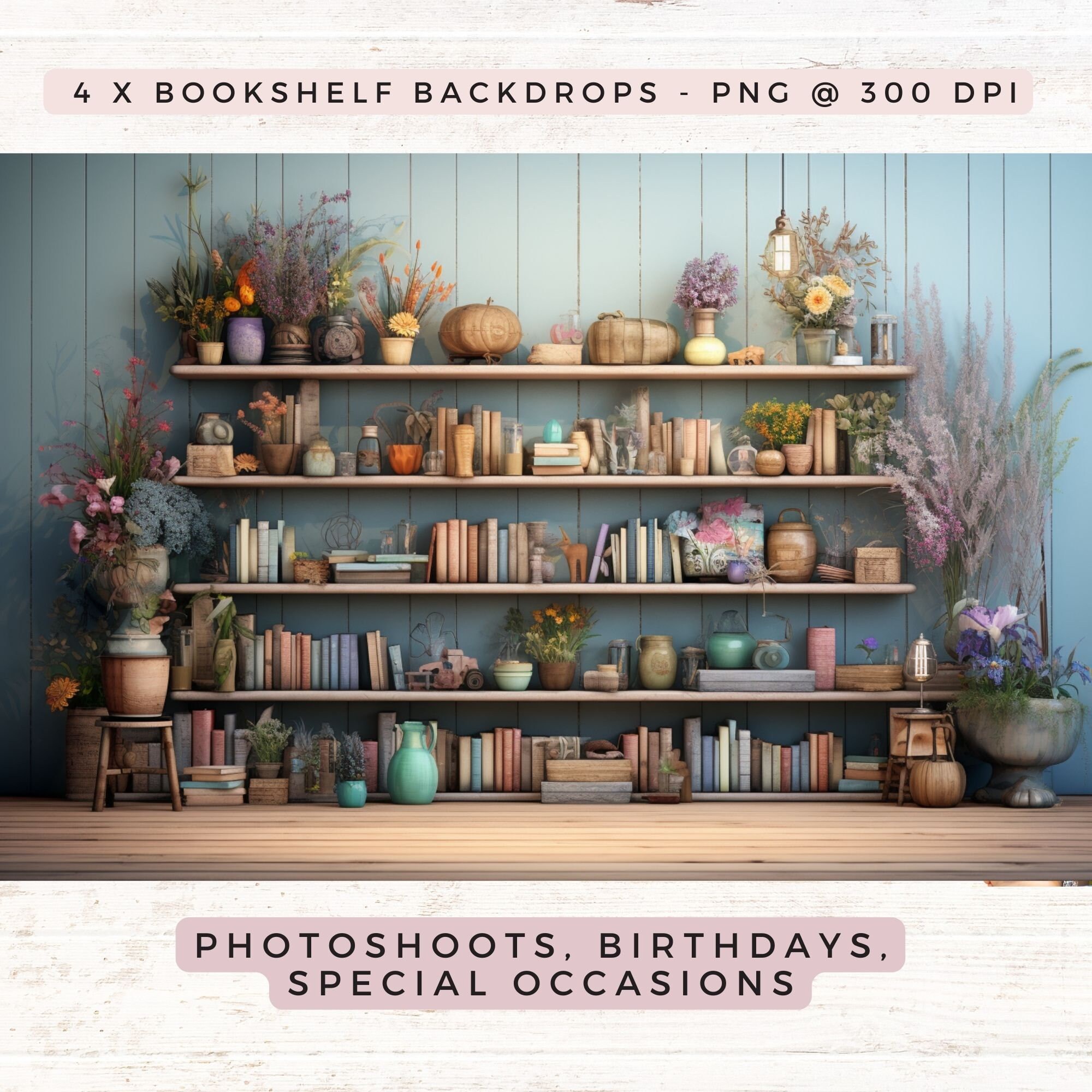 Blue Boho Bookshelf Backdrops PNG 6 Photoshoot Backdrops Birthday Back ...