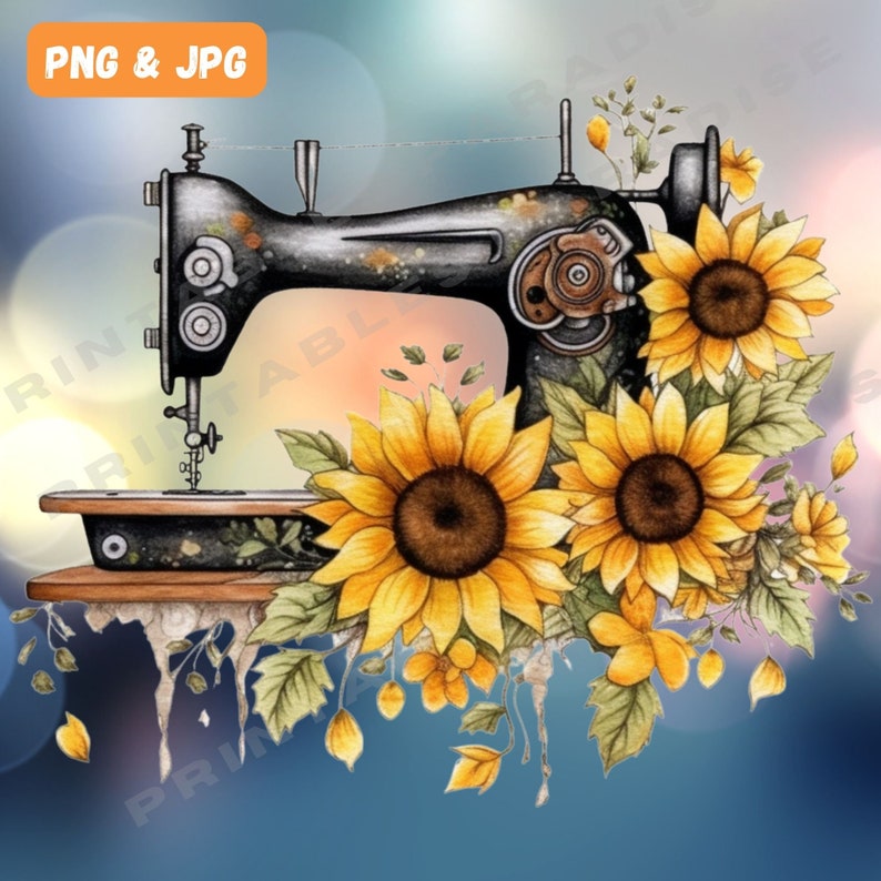 Sunflower Vintage Sewing Machine Clipart PNG Watercolor Floral PNG ...