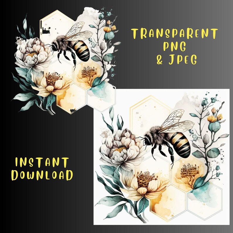 Watercolor Bee Sunflower Clipart PNG 16 Honey Bee Designs Bumble Bee ...