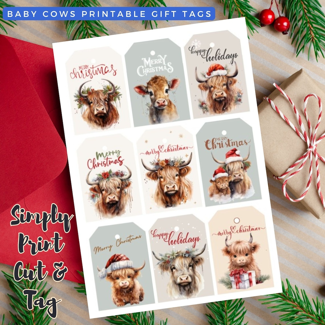 36 Baby Cow Printable Gift Tags Watercolor Highland Cow Tags Christmas ...