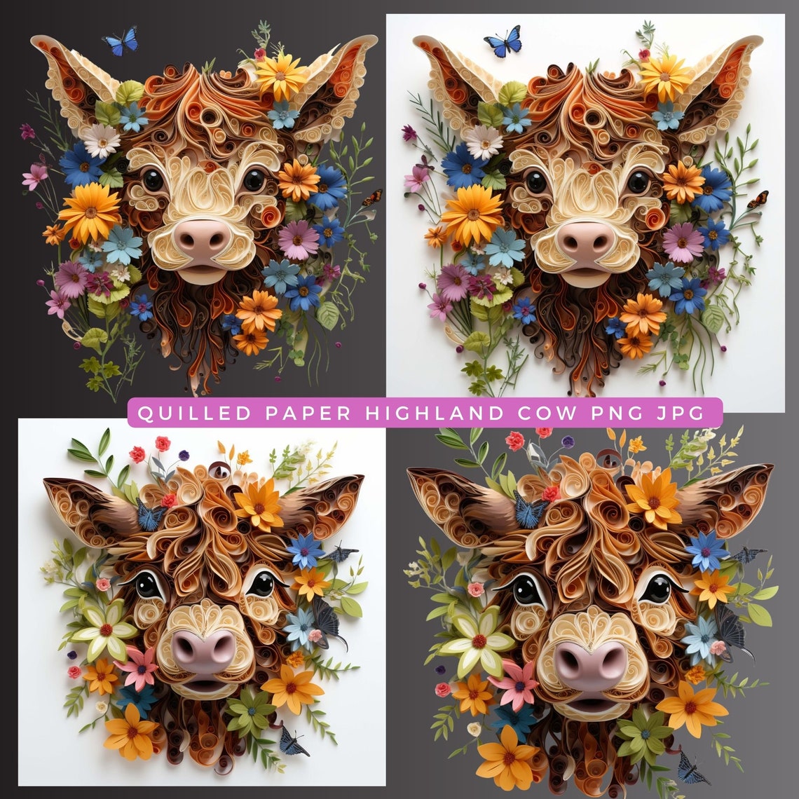Highland Cow PNG Floral Quilled Paper Instant Download Nursery Clipart ...