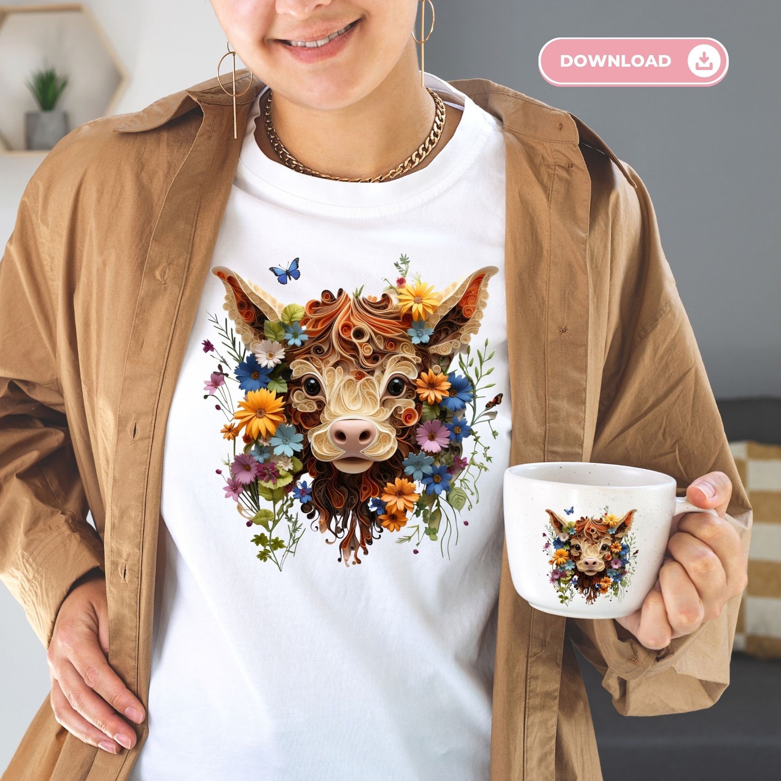 Highland Cow PNG Floral Quilled Paper Instant Download Nursery Clipart ...