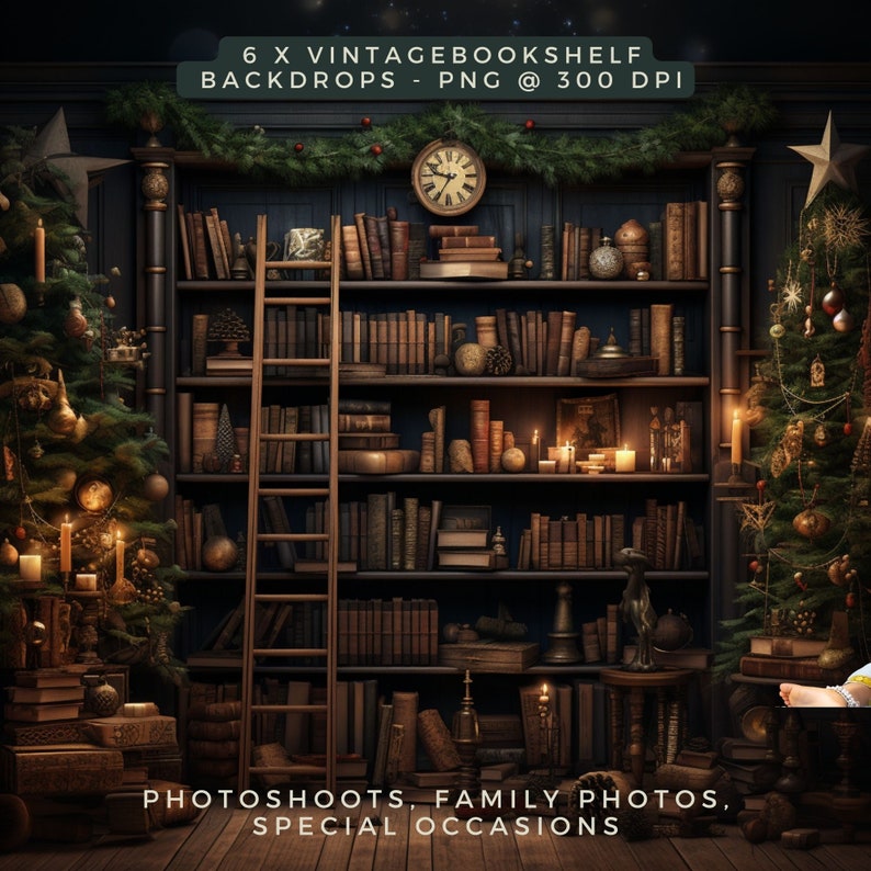 Vintage Library Bookshelf Backdrops: Photography Backgrounds (6 PNG) - Etsy