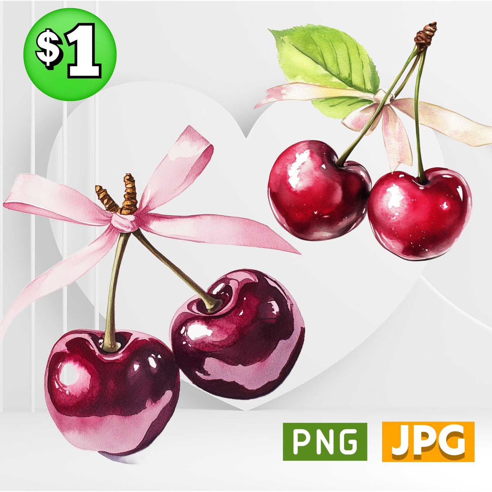 Cherry Bow Watercolor Cherry 1 Dollar Clipart Ma Chérie Sublimation ...