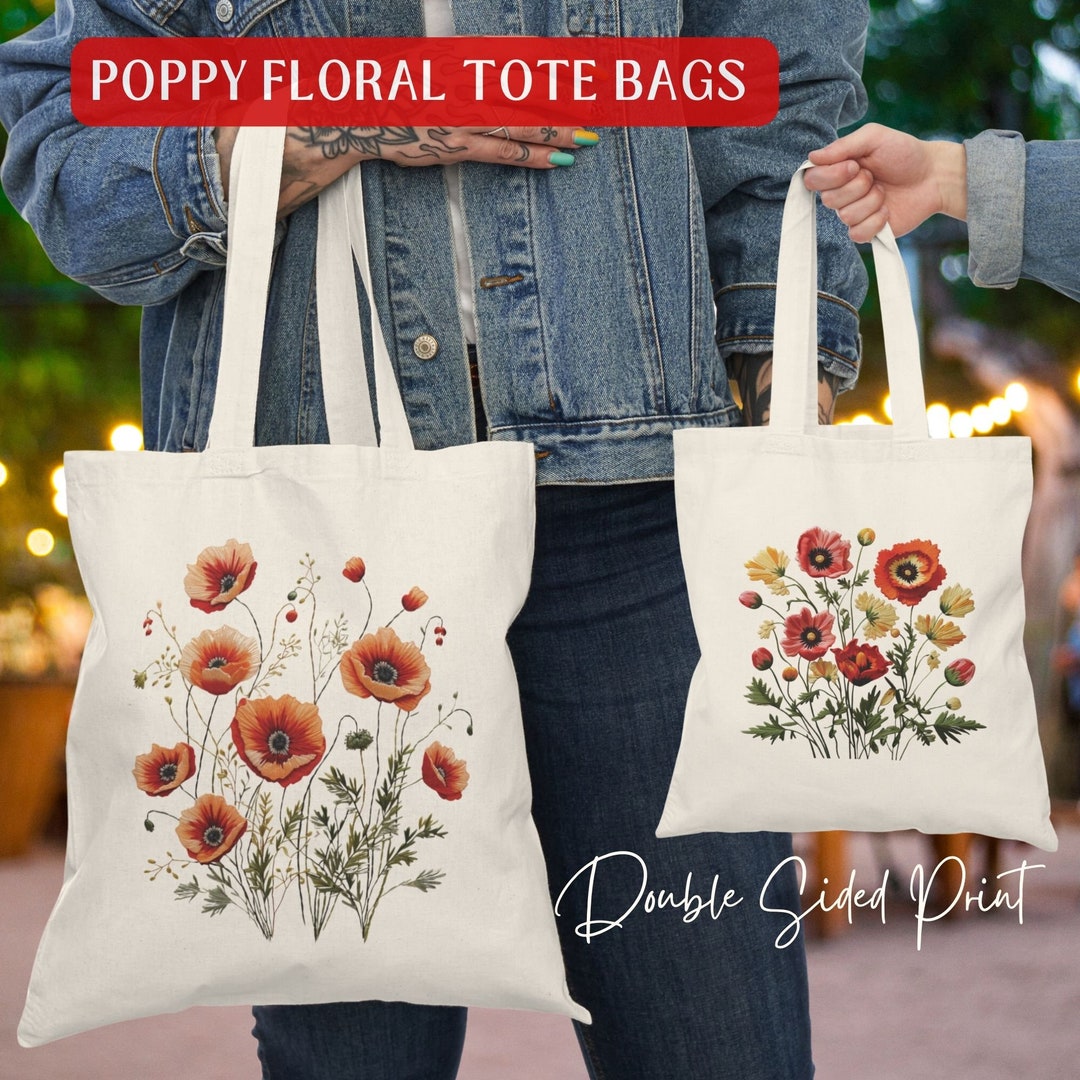 Embroidery Poppy Tote Bag Poppy Flower Canvas Tote Bag Yarn Bag Craft ...