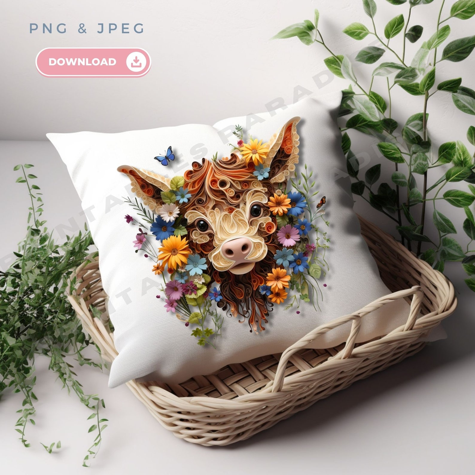 Highland Cow PNG Floral Quilled Paper Instant Download Nursery Clipart ...