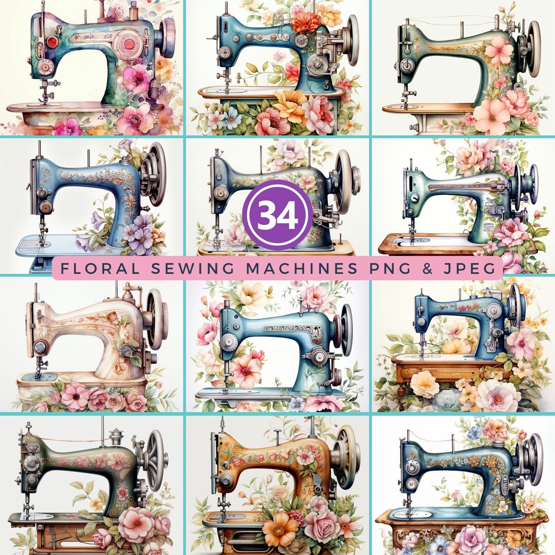 34 Floral Sewing Machine Clipart Shabby Chic BUNDLE Watercolor Floral ...