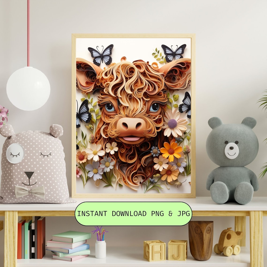 Highland Cow PNG Floral Quilled Paper Instant Download Nursery Clipart ...