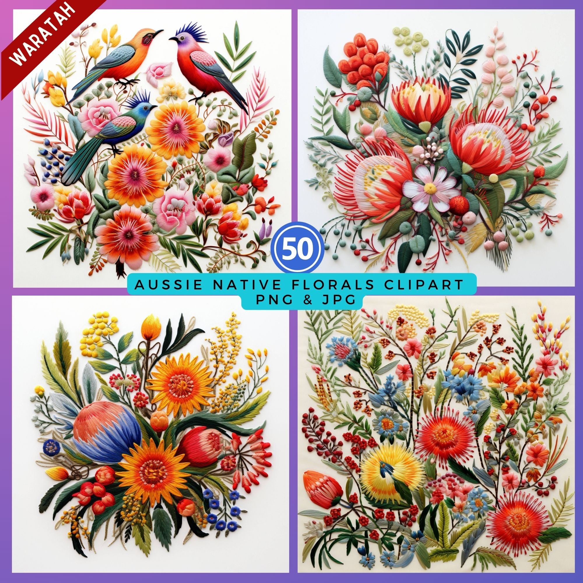 3D Native Floral Embroidery Clipart BUNDLE 50 Flowers Native Australian ...
