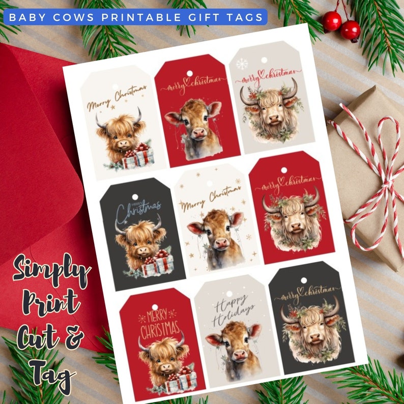 36 Baby Cow Printable Gift Tags Watercolor Highland Cow Tags Christmas ...