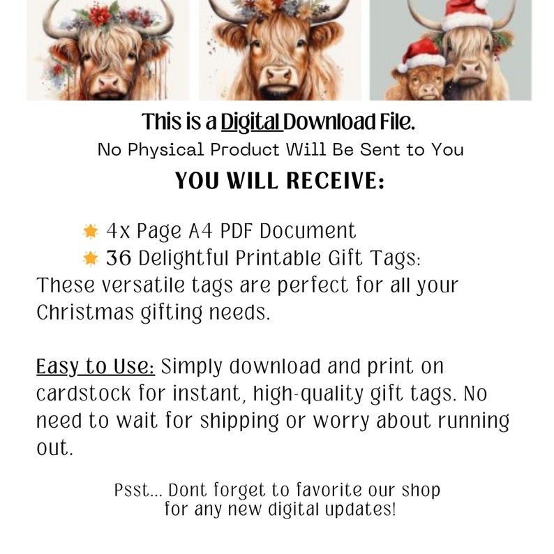 36 Baby Cow Printable Gift Tags Watercolor Highland Cow Tags Christmas ...