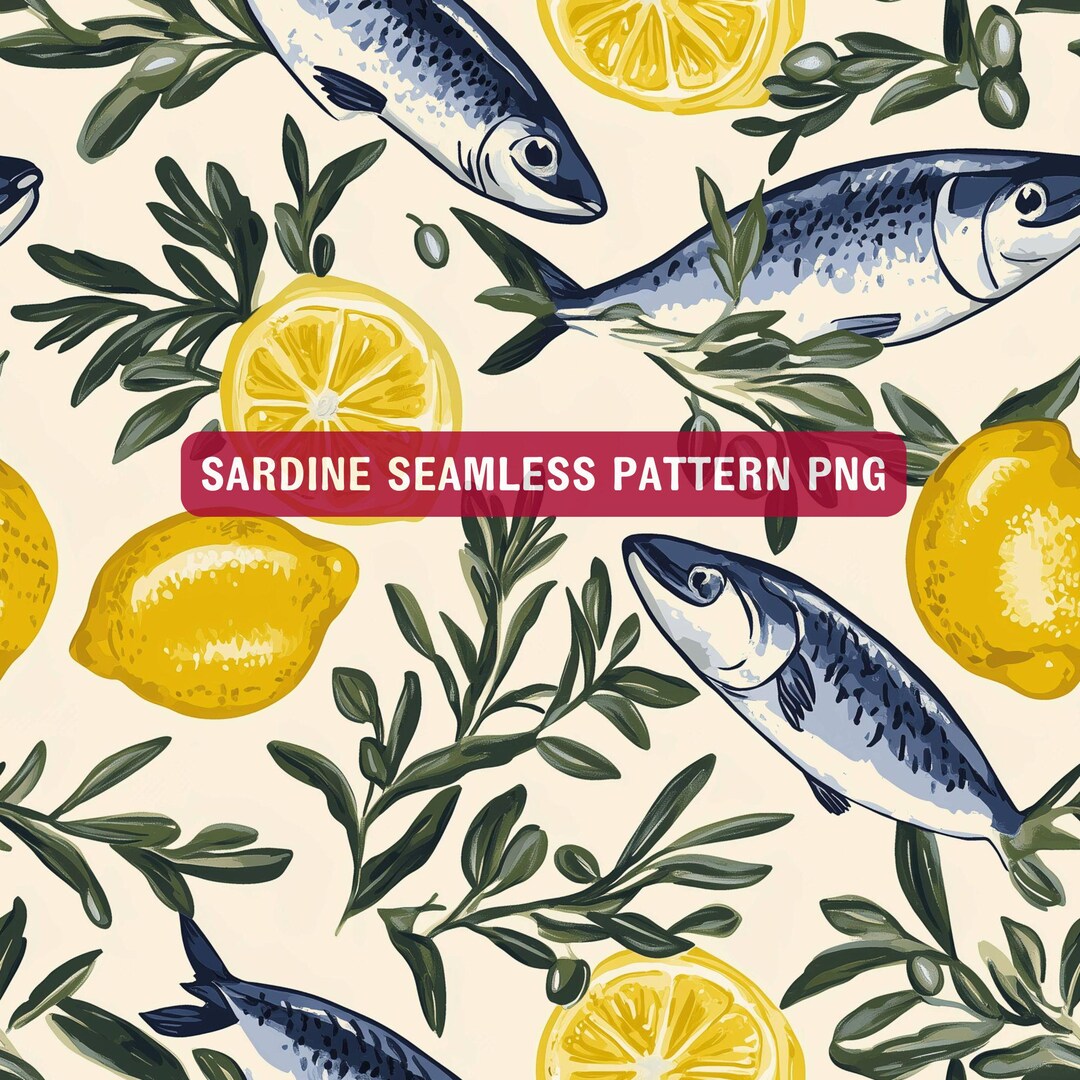 Sardine Seamless Pattern: Lemons, Mediterranean Design (PNG) - Etsy