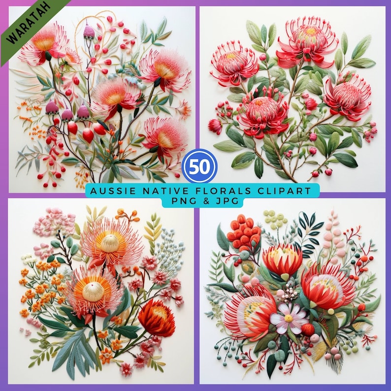 3D Native Floral Embroidery Clipart BUNDLE 50 Flowers Native Australian ...