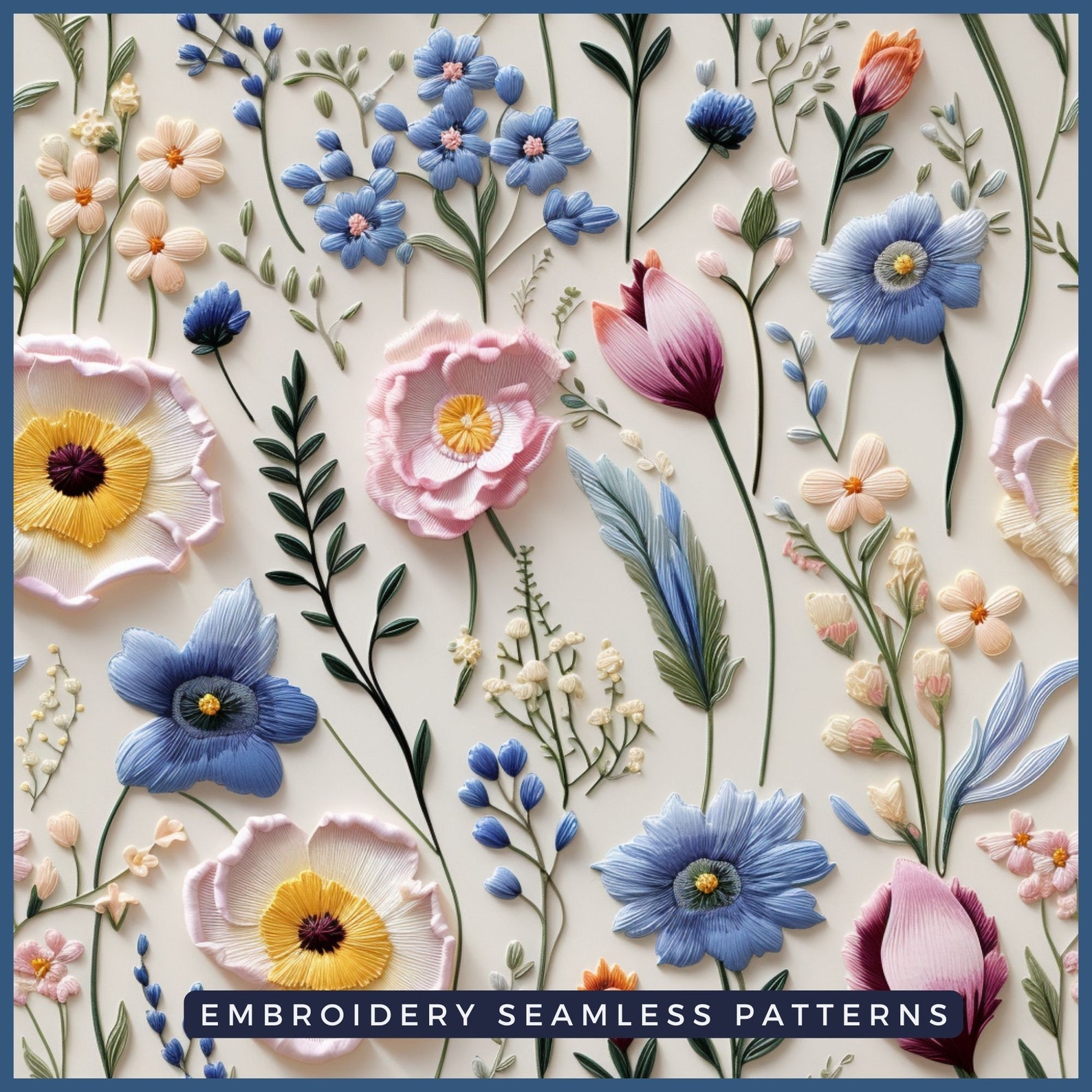 Embroidered Flowers Seamless Pattern: Boho Floral Designs (PNG Digital ...