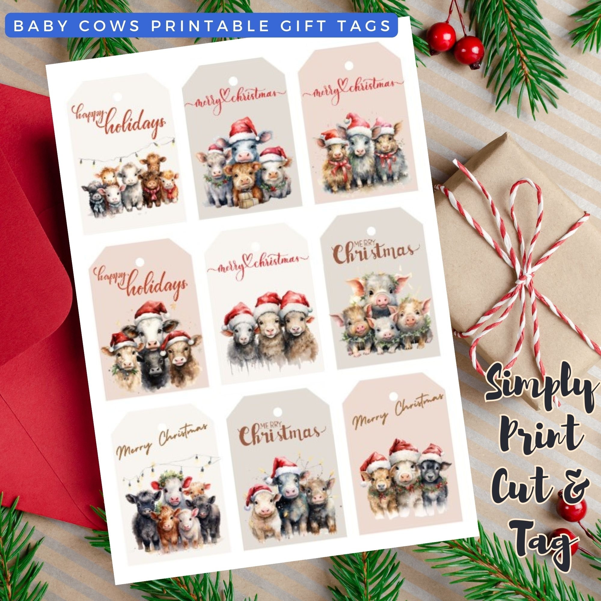 36 Baby Cow Printable Gift Tags Watercolor Highland Cow Tags Christmas ...