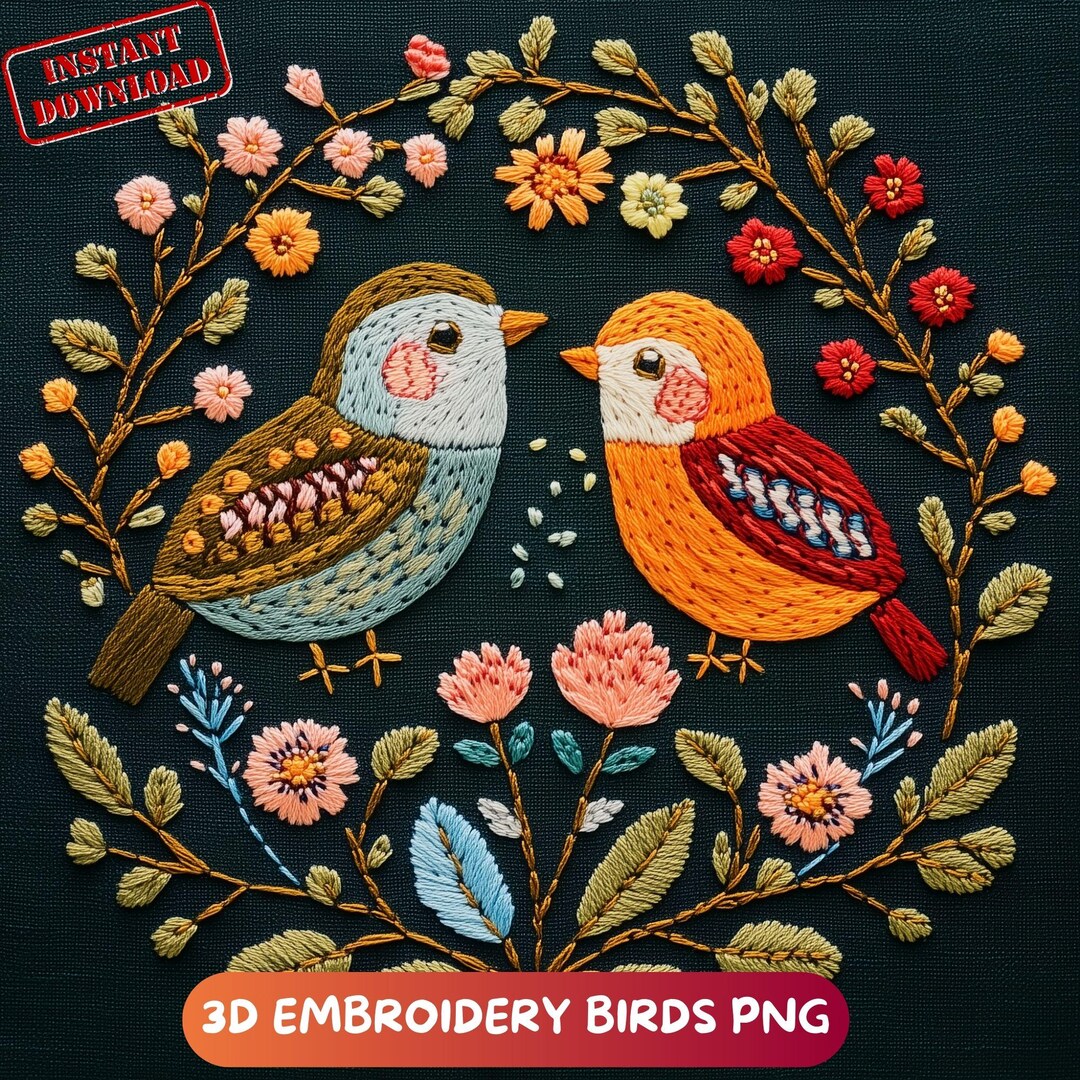 Cottagecore Folk Art Birds Digital PNG 3D Embroidery Embroidered Birds ...