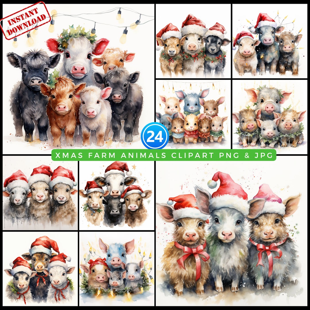 Christmas Farm Animal Clipart: Watercolor PNG Bundle (digital Download ...