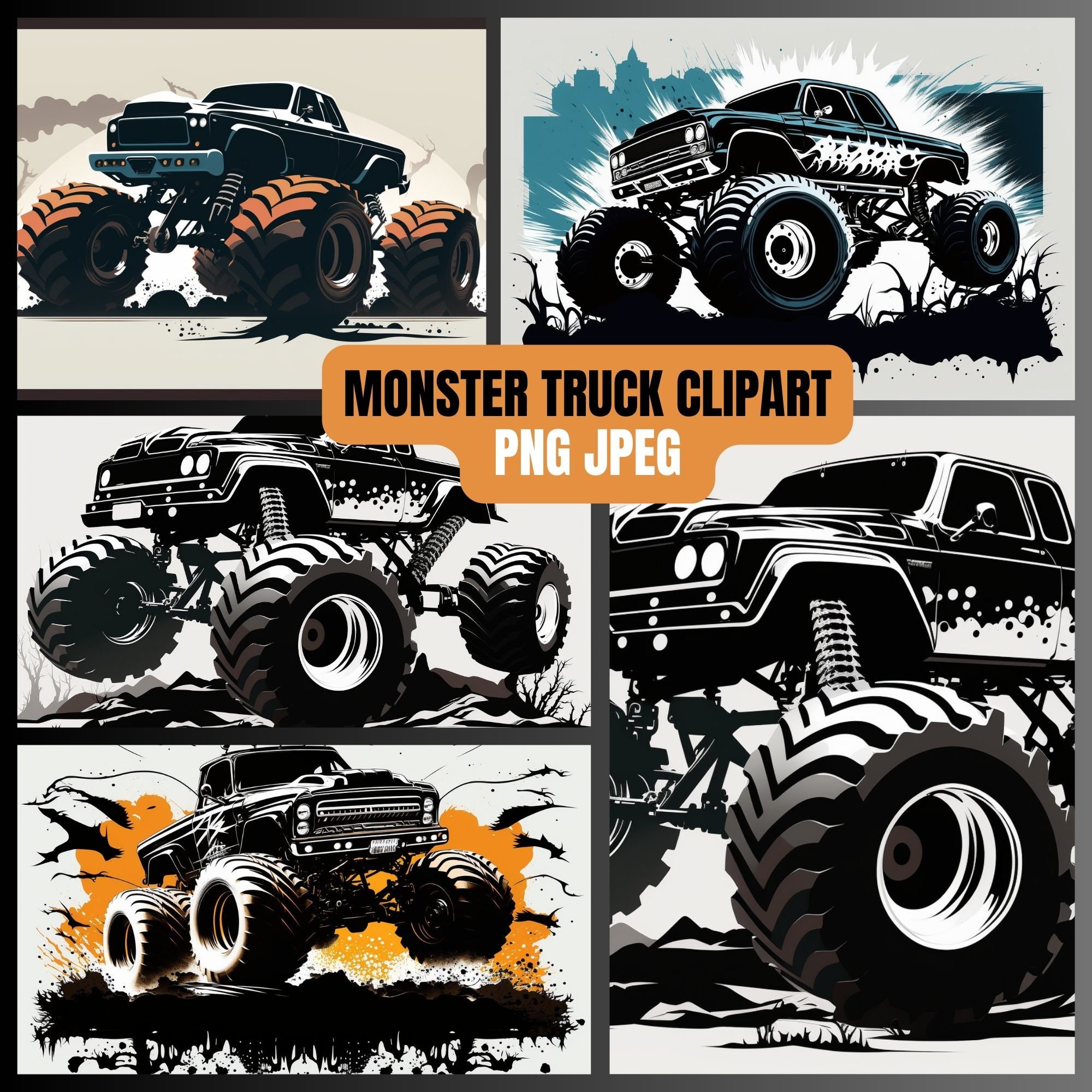 Monster Truck Clipart PNG Big Wheels Clipart Watercolor Trucks Digital ...