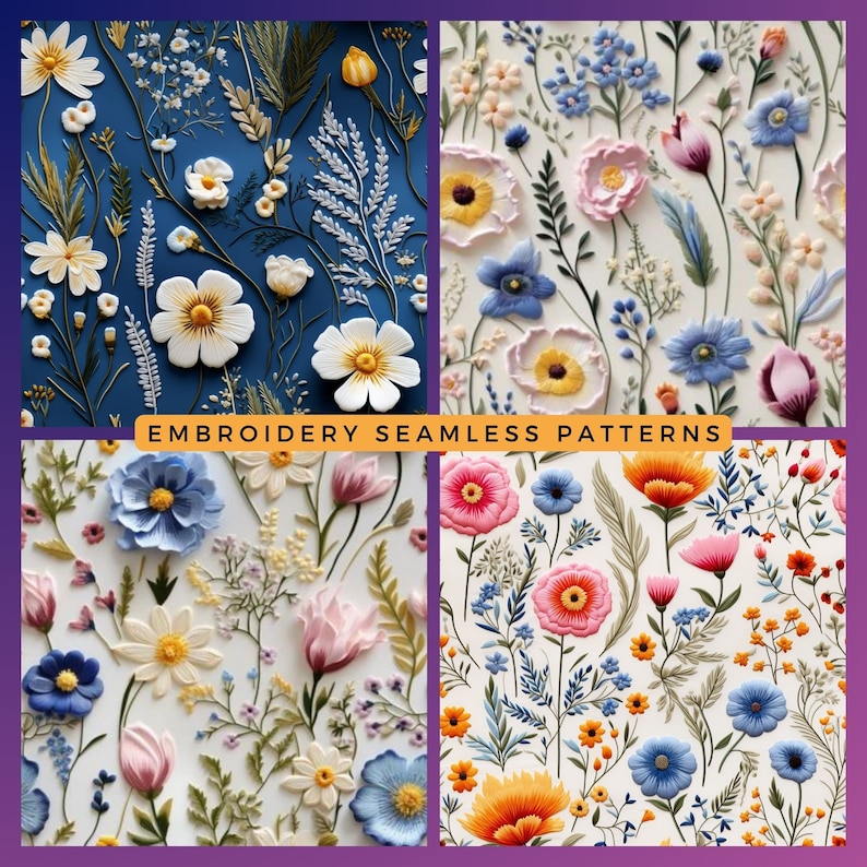 Embroidered Flowers Seamless Pattern: Boho Floral Designs (PNG Digital ...