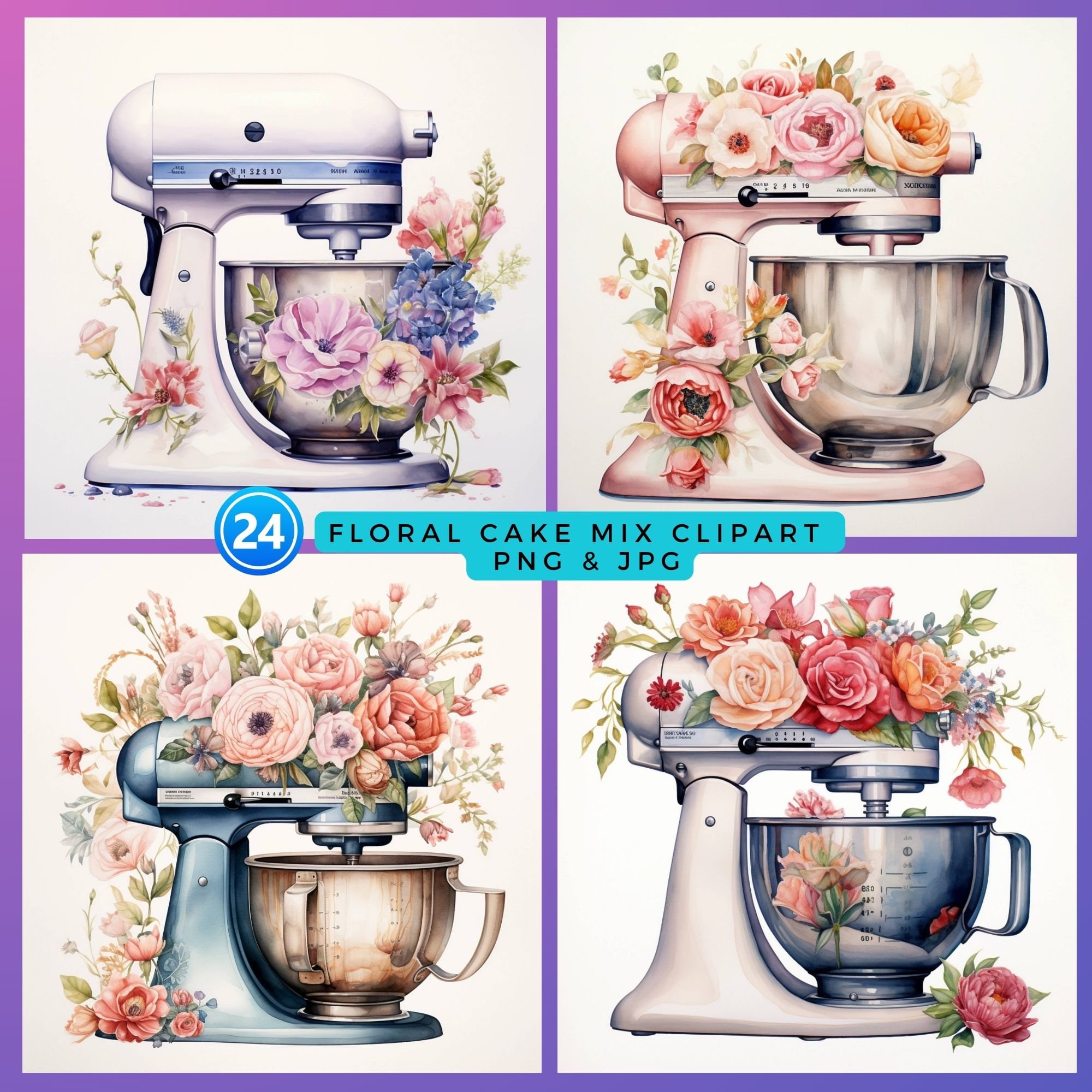 24 Vintage Kitchen Mixer and Flower Watercolor Bundle Kitchen Digital ...