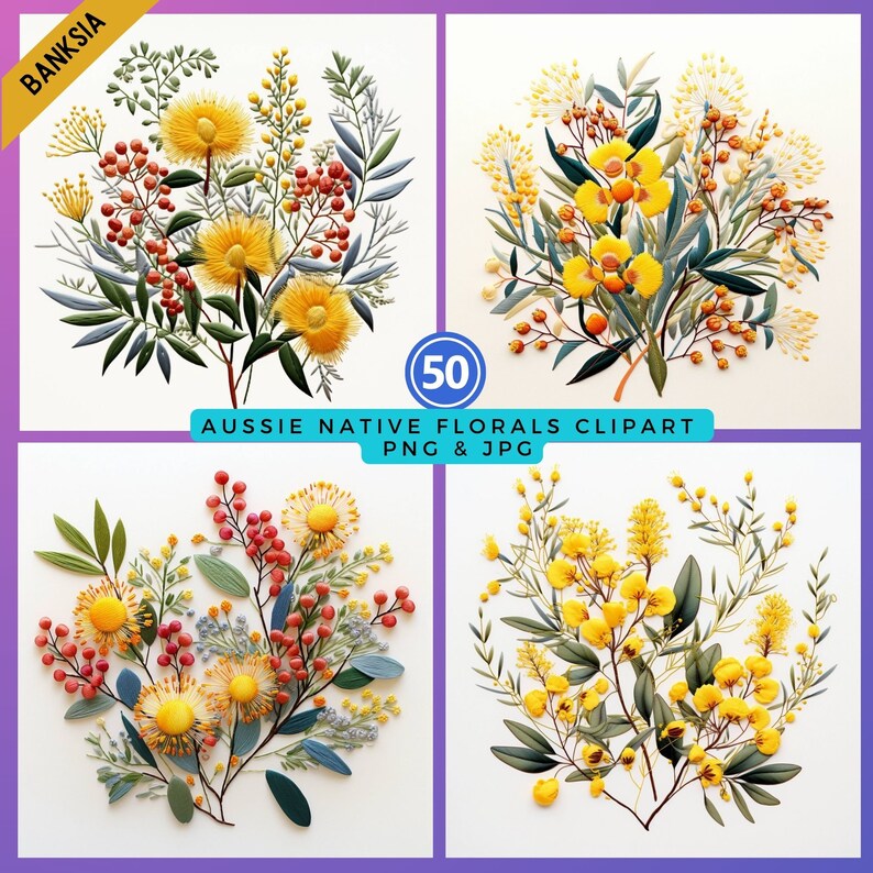 3D Native Floral Embroidery Clipart BUNDLE 50 Flowers Native Australian ...