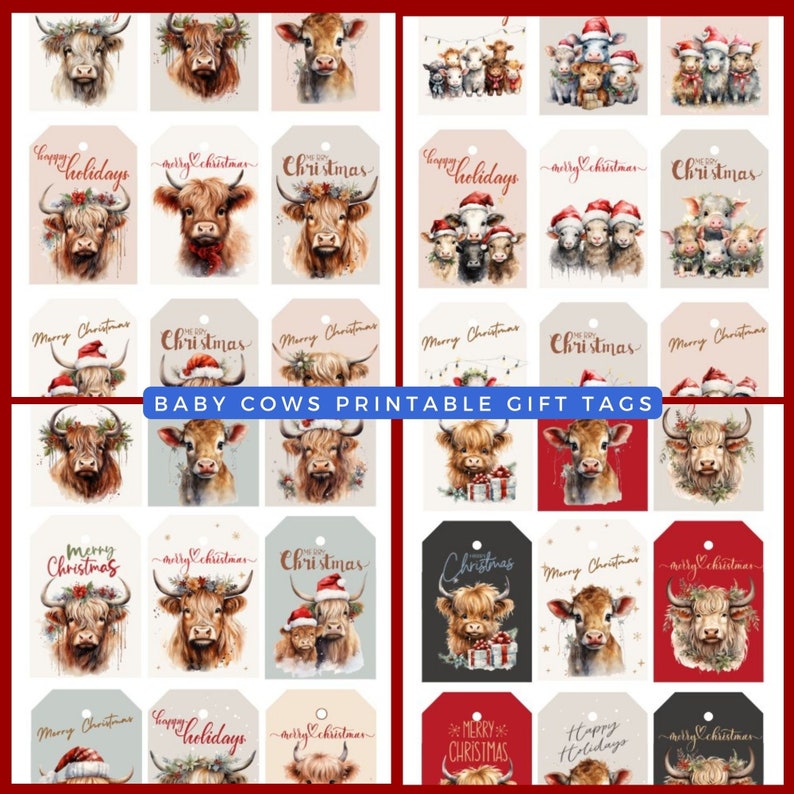 36 Baby Cow Printable Gift Tags Watercolor Highland Cow Tags Christmas ...