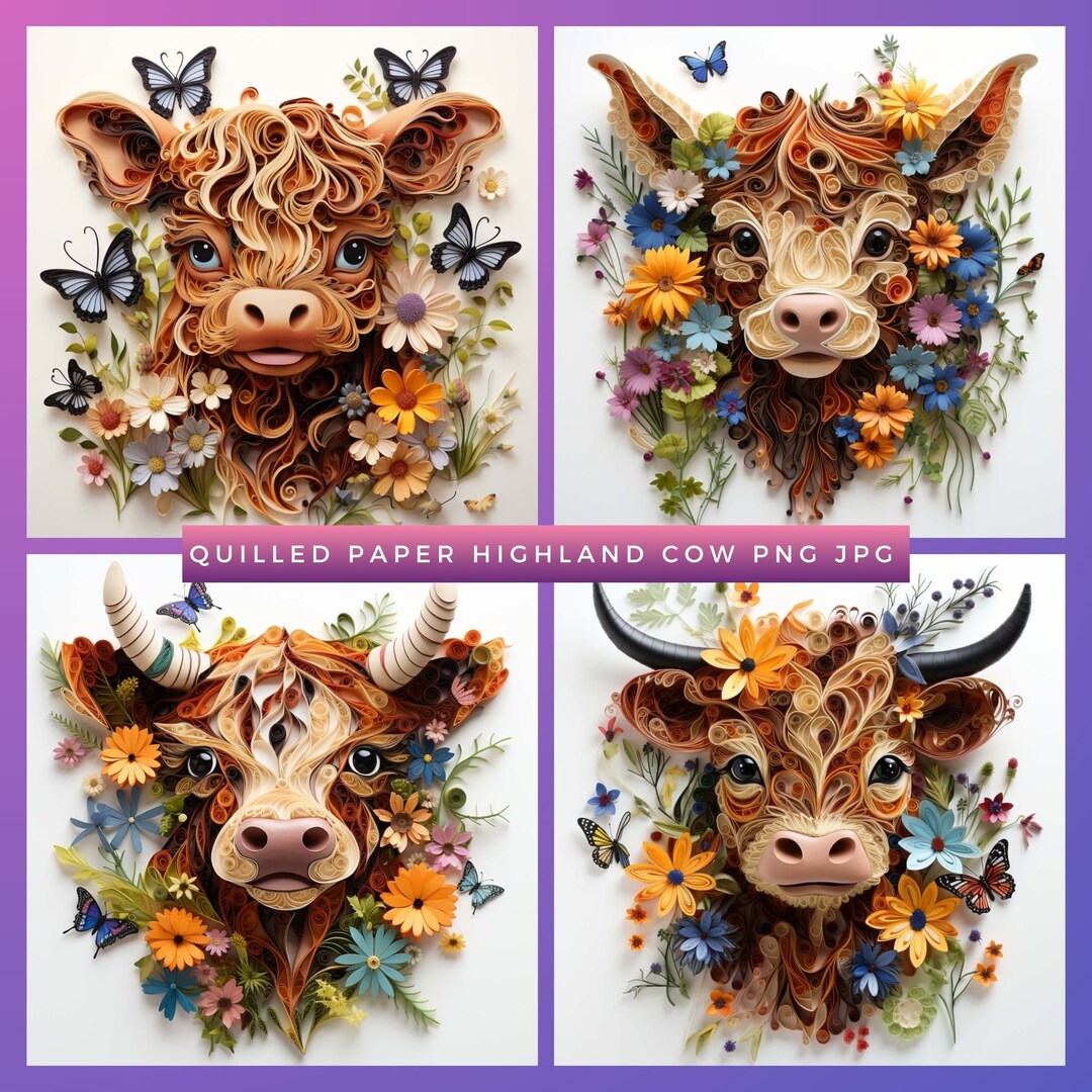 Highland Cow PNG Floral Quilled Paper Instant Download Nursery Clipart ...