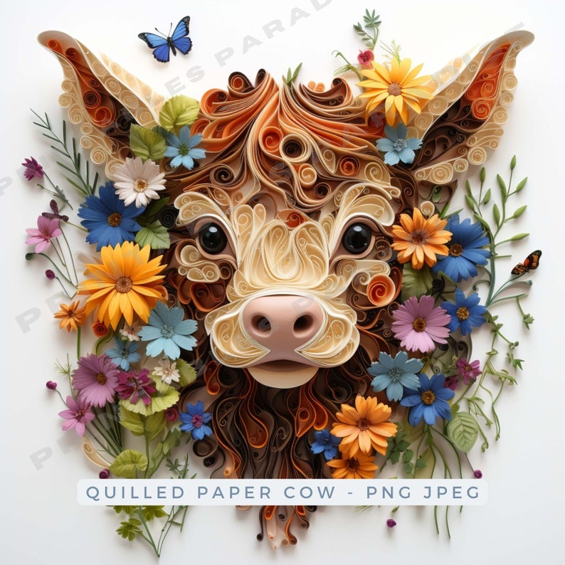 Highland Cow PNG Floral Quilled Paper Instant Download Nursery Clipart ...
