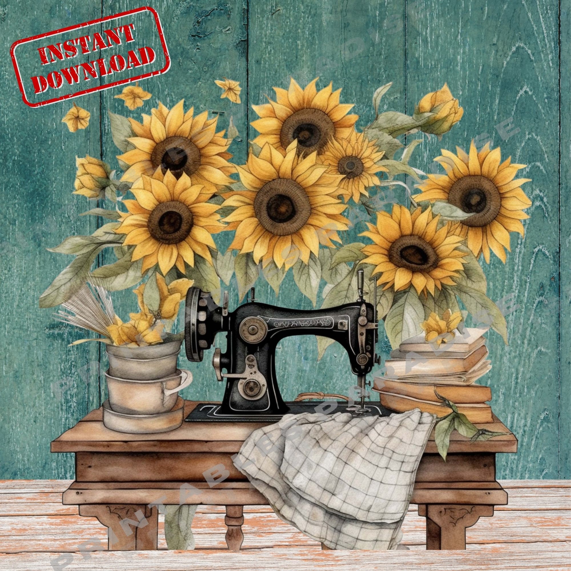 Sunflower Vintage Sewing Machine Clipart PNG Watercolor Floral - Etsy