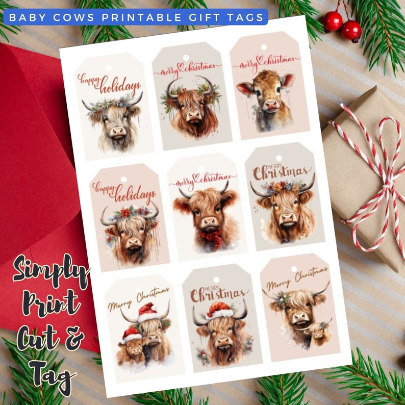 36 Baby Cow Printable Gift Tags Watercolor Highland Cow Tags Christmas ...