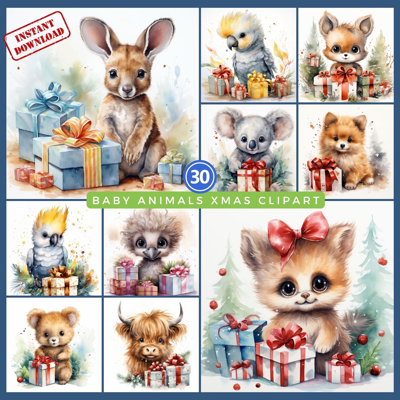 Christmas Clipart Bundle Baby Xmas Animals Watercolor 30 Baby Animal ...