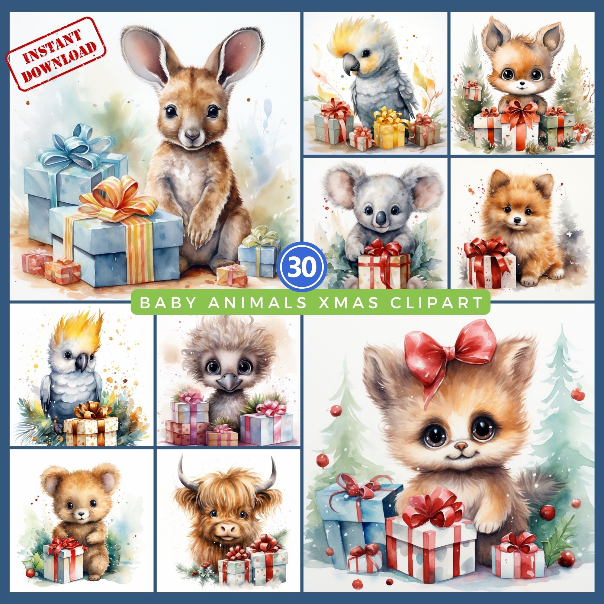 Christmas Clipart Bundle Baby Xmas Animals Watercolor 30 Baby Animal ...