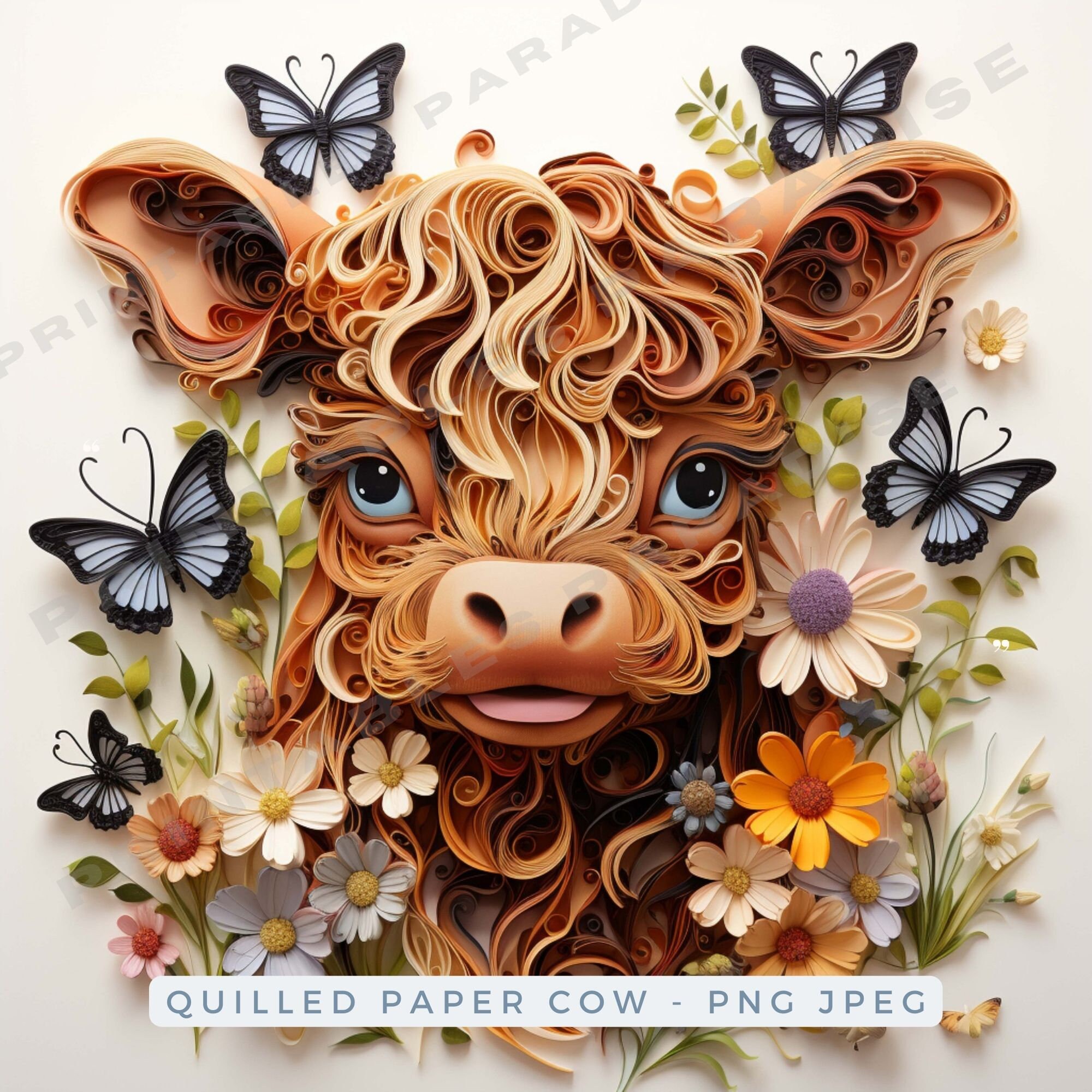 Highland Cow PNG Floral Quilled Paper Instant Download Nursery Clipart ...