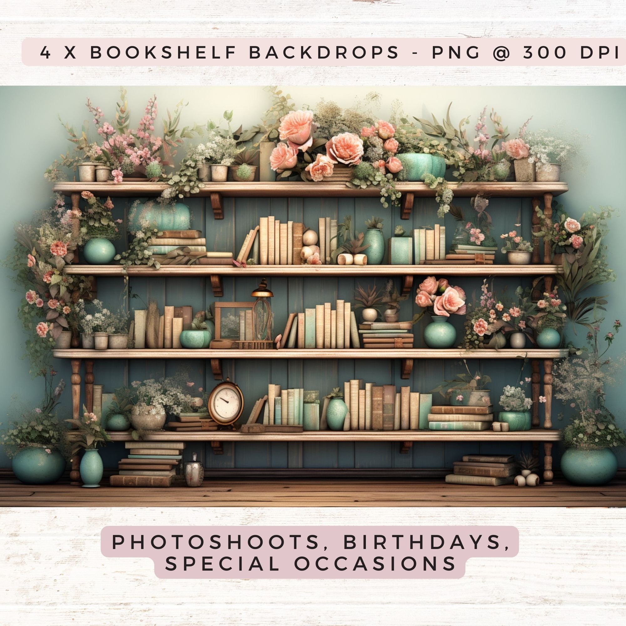 Blue Boho Bookshelf Backdrops PNG 6 Photoshoot Backdrops Birthday Back ...