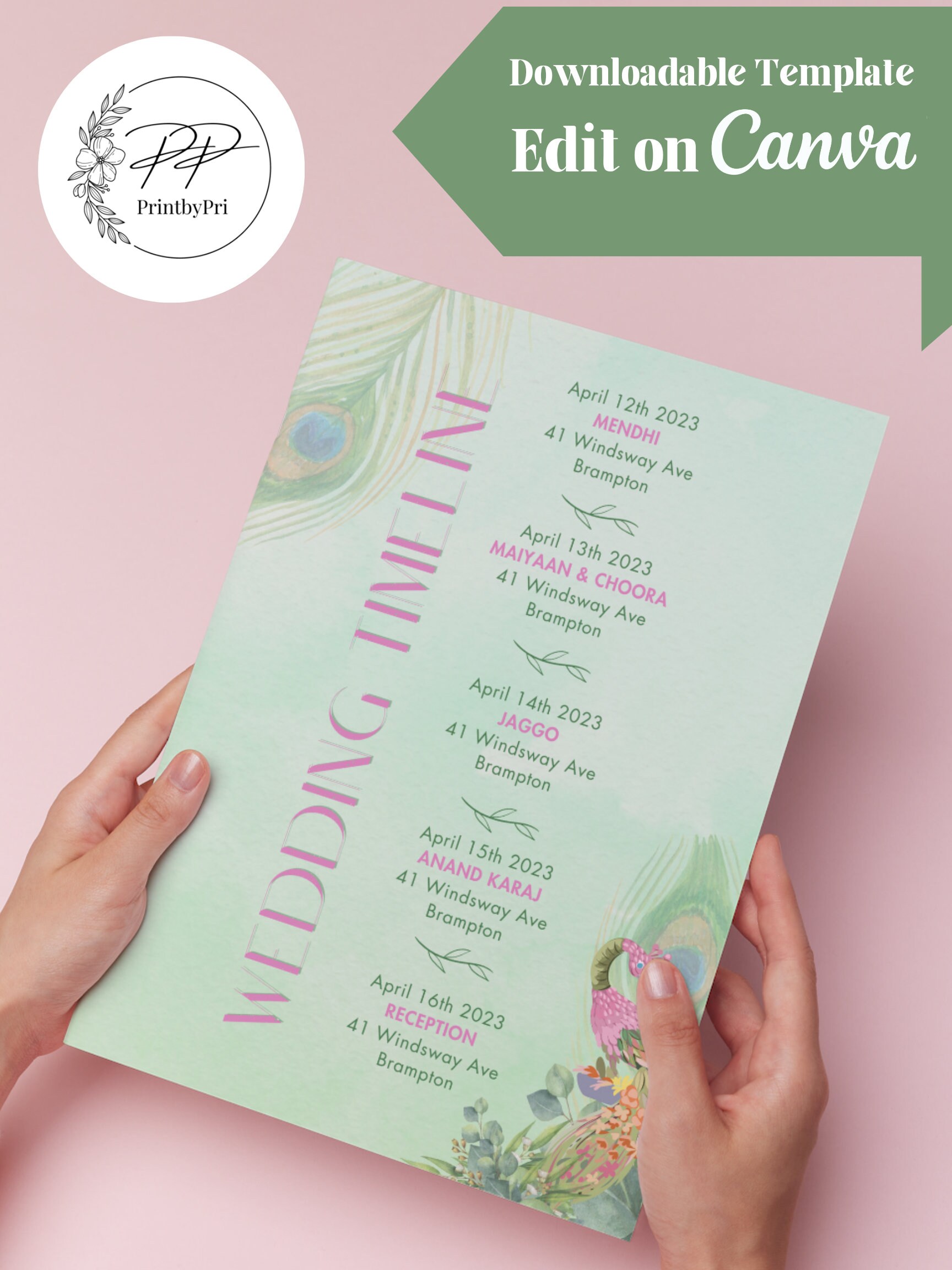 Peacock Sikh Wedding Timeline | Instant Download | Editable - Etsy