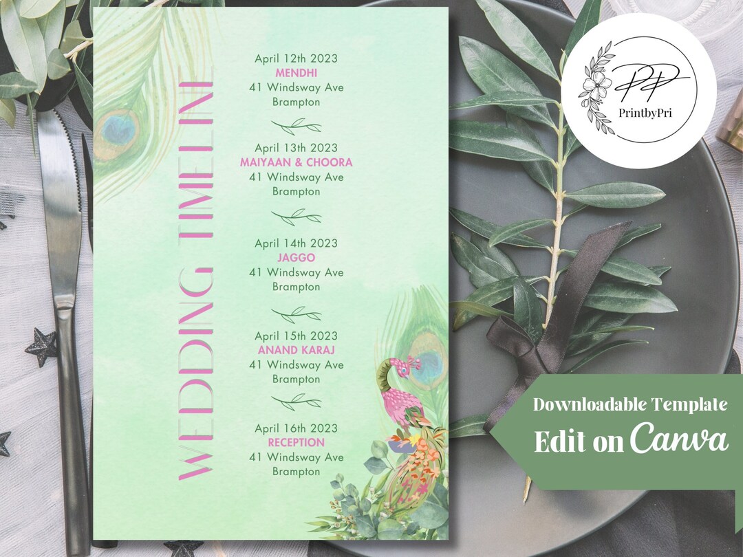 Peacock Sikh Wedding Timeline | Instant Download | Editable - Etsy